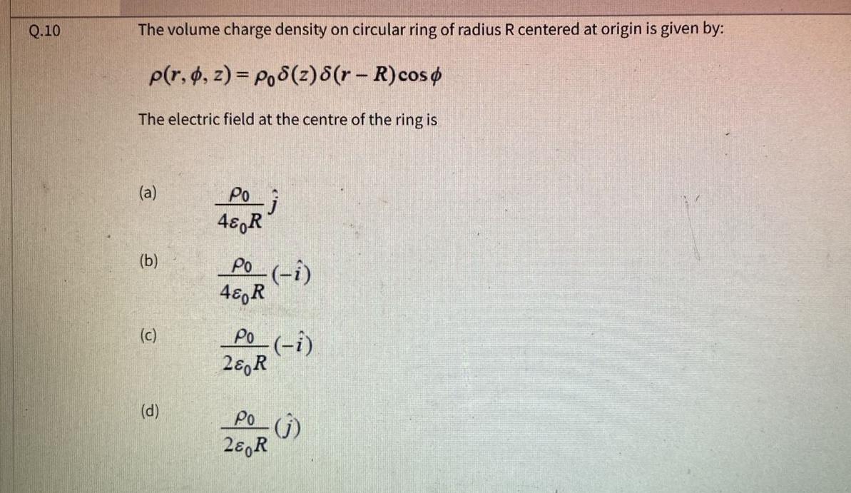 Solved Q. 10The volume charge density on circular ring of | Chegg.com