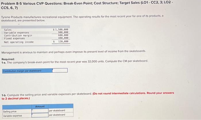 Solved Problem 8-5 Various CVP Questions: Break-Even Point; | Chegg.com