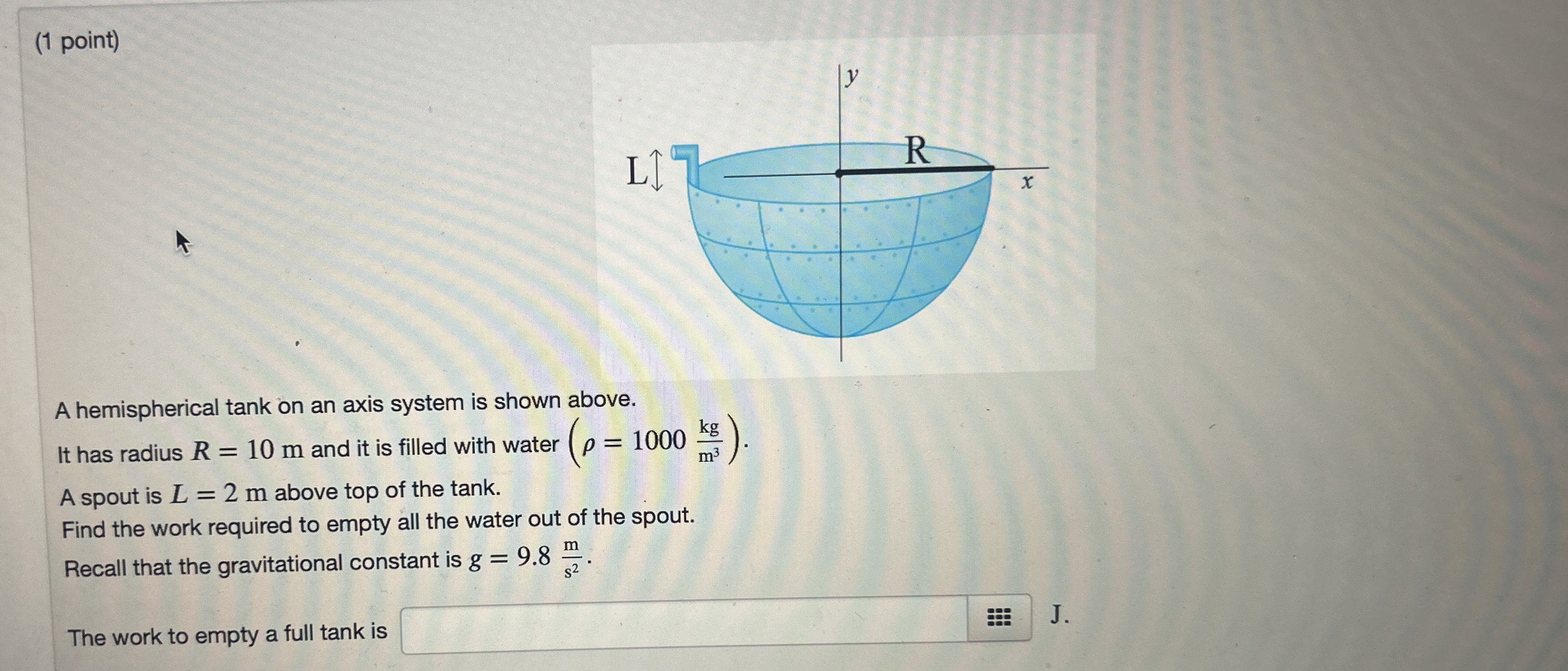 Solved (1 ﻿point)A hemispherical tank on an axis system is | Chegg.com