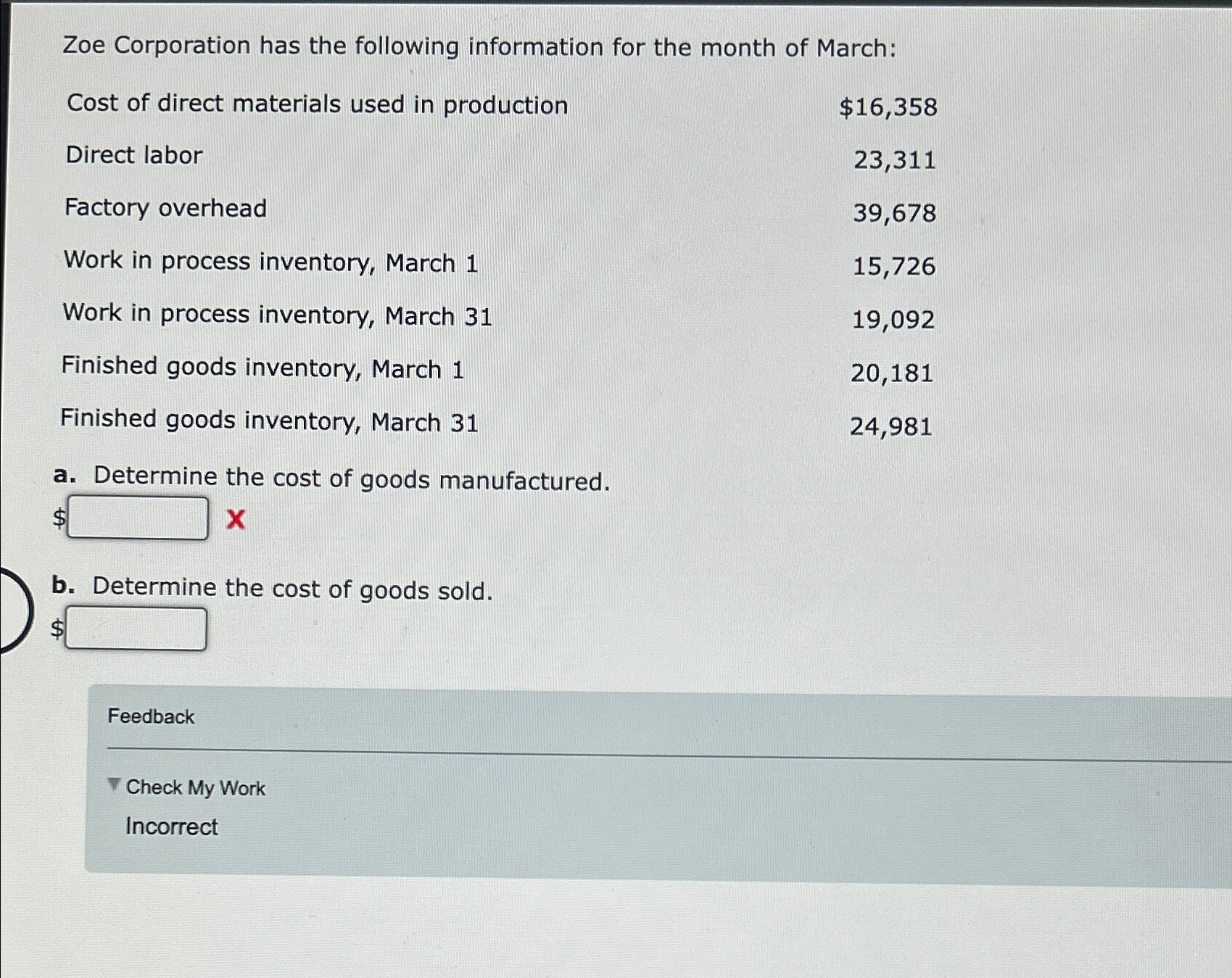 Solved Zoe Corporation has the following information for the | Chegg.com