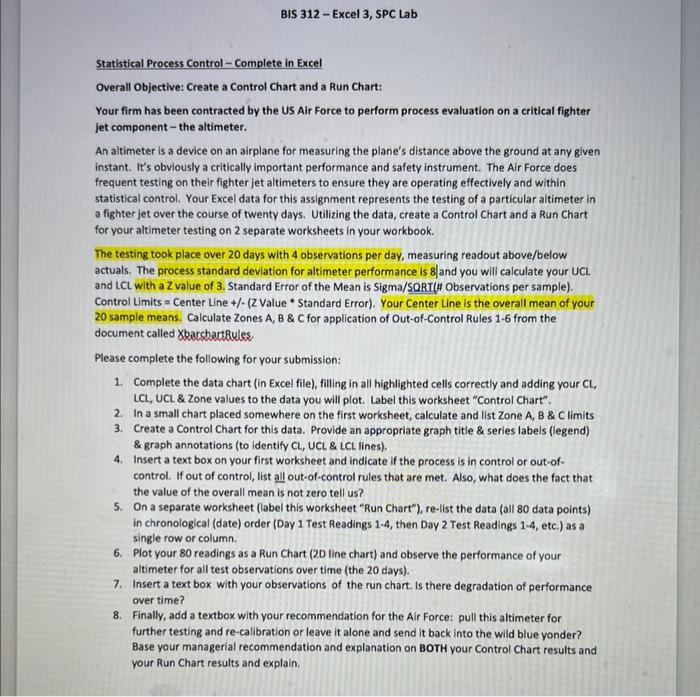 Solved BIS 312-Excel 3, SPC Lab Statistical Process | Chegg.com