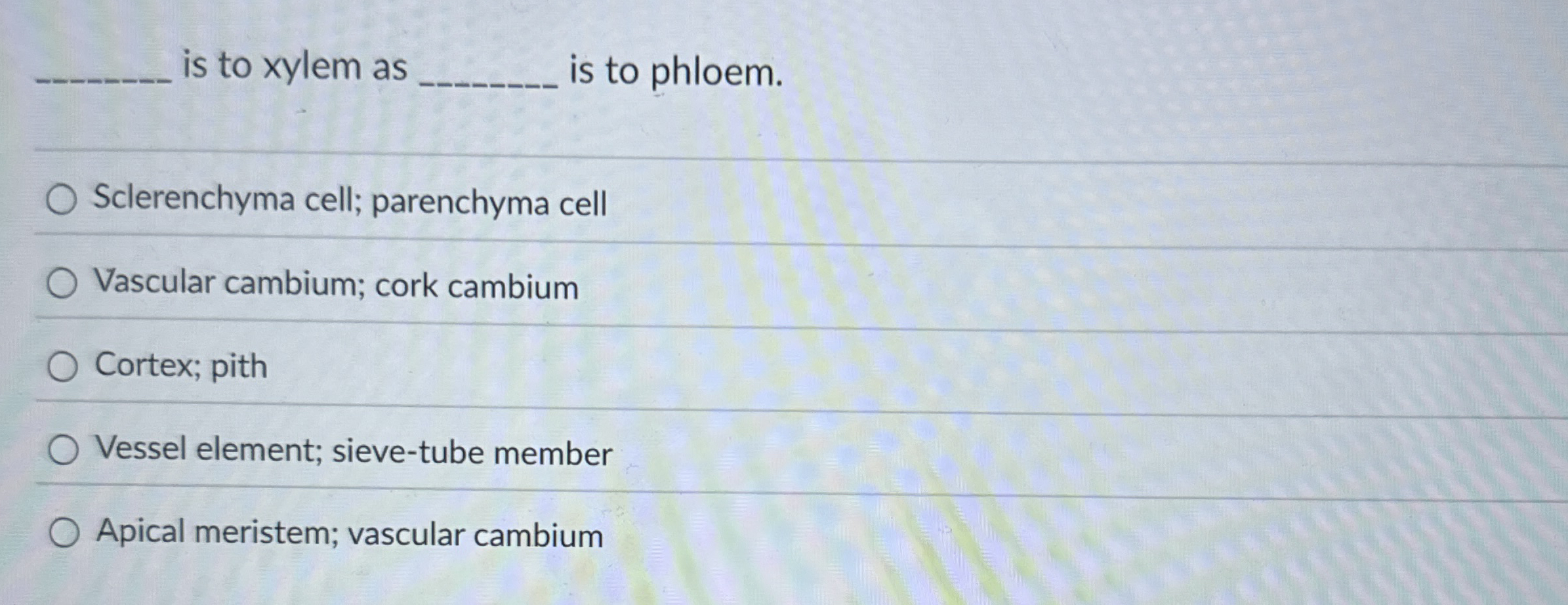 Solved is to xylem as ﻿is to phloem.Sclerenchyma cell; | Chegg.com