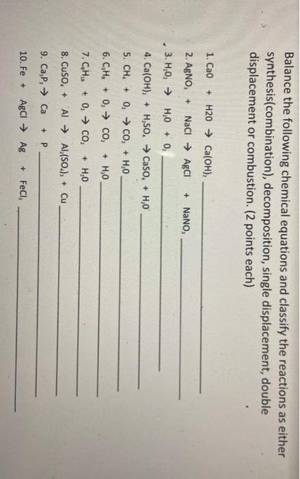 Solved Balance the following chemical equations and classify | Chegg.com