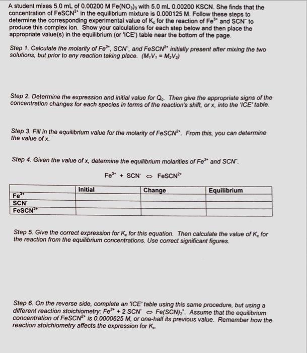Solved A student mixes 5.0 mL of 0.00200 M Fe(NO3), with 5.0 | Chegg.com
