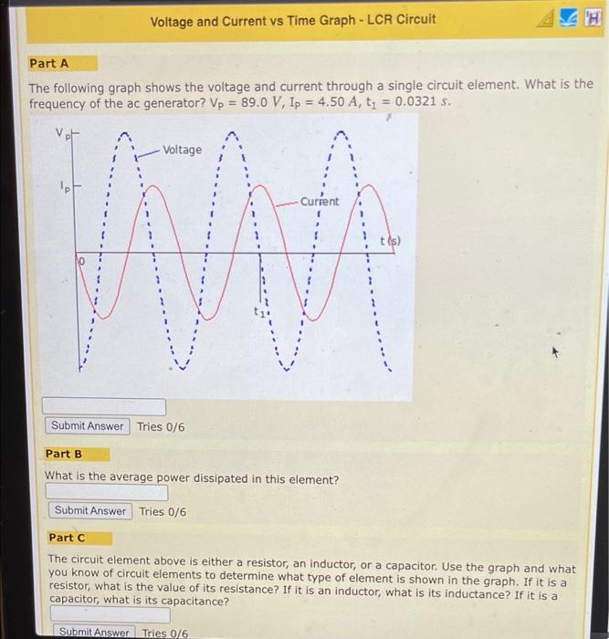 Solved - Voltage and Current vs Time Graph - LCR Circuit | Chegg.com