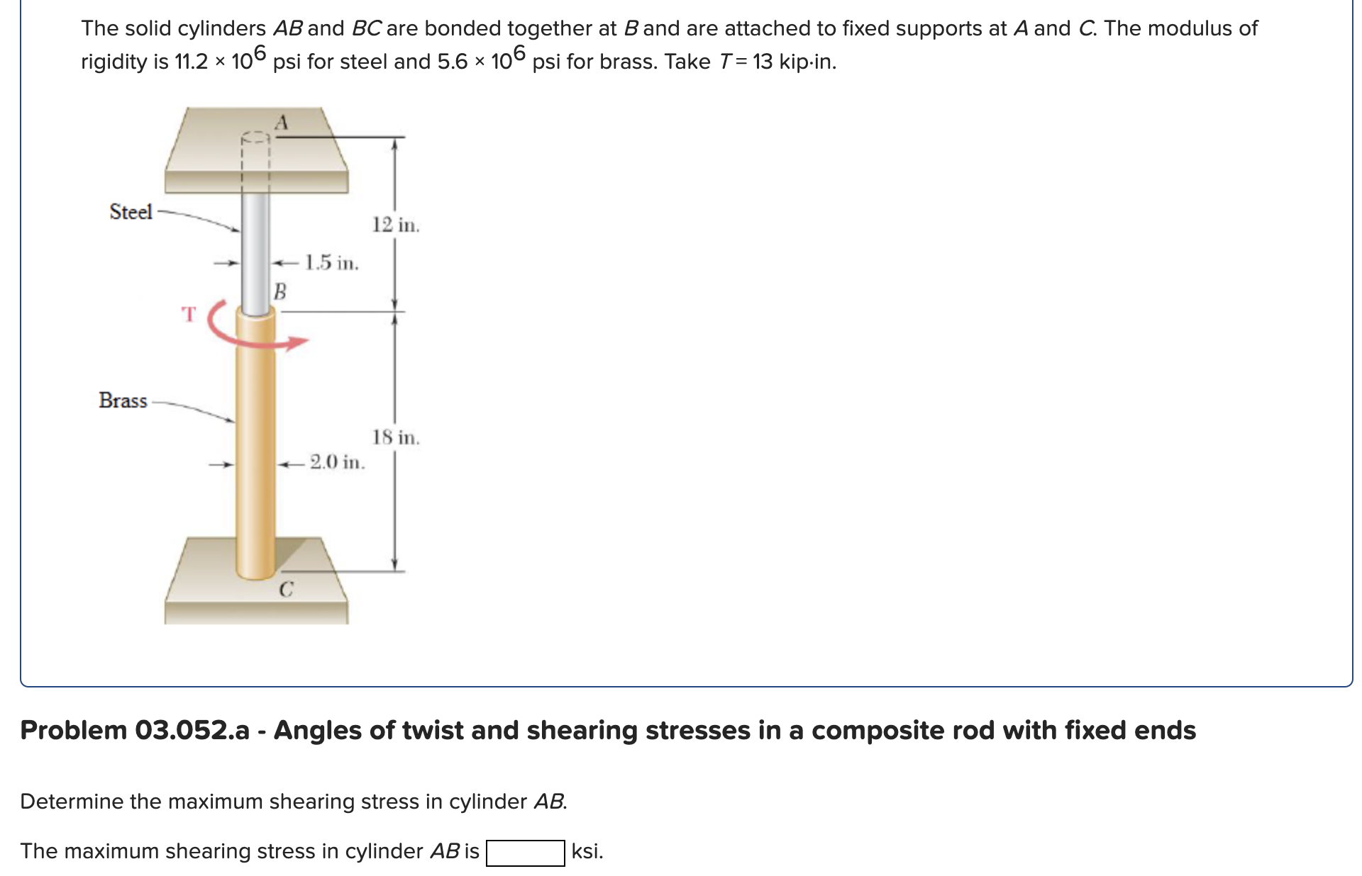 Solved Problem 03.052.a - ﻿Angles of twist and shearing | Chegg.com