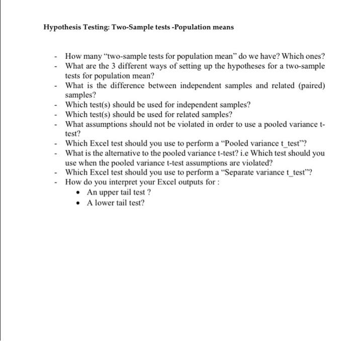 Solved Hypothesis Testing: Two-Sample tests - Population | Chegg.com