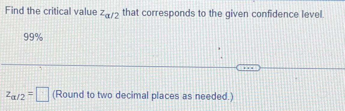 Solved Find the critical value zα2 ﻿that corresponds to the | Chegg.com