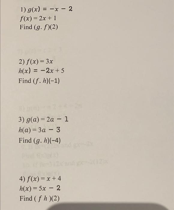 Solved 1) g(x)=−x−2 f(x)=2x+1 Find (g.f)(2) 2) f(x)=3x | Chegg.com