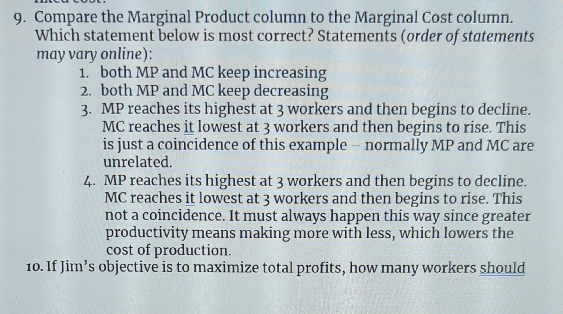 9. Compare the Marginal Product column to the | Chegg.com