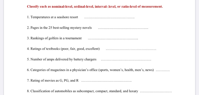 Solved Classify each as nominal-level, ordinal-level, | Chegg.com