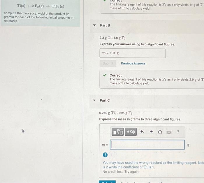 Solved Ti(s) + 2 F2 (g) → TiF4 (s) compute the theoretical | Chegg.com