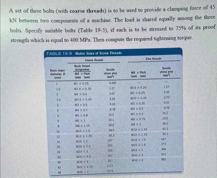 Solved A set of three bolts (with coarse threads) is to be | Chegg.com