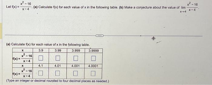 Solved Let f(x)=x−4x2−16. (a) Calculate f(x) for each value | Chegg.com