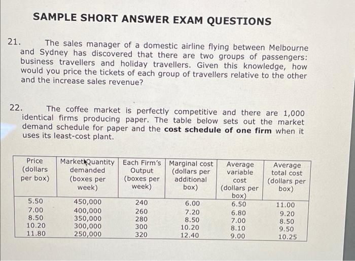 Solved SAMPLE SHORT ANSWER EXAM QUESTIONS 21. The sales | Chegg.com