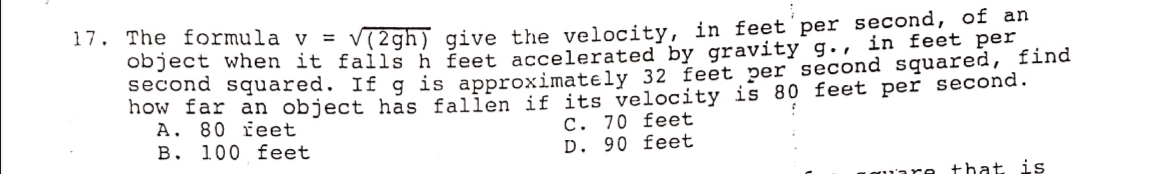 Solved The formula v=(2gh)2 ﻿give the velocity, in feet per | Chegg.com