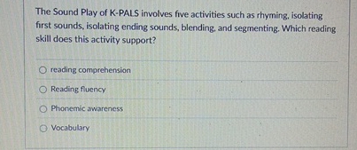 Solved The Sound Play of K-PALS involves five activities | Chegg.com