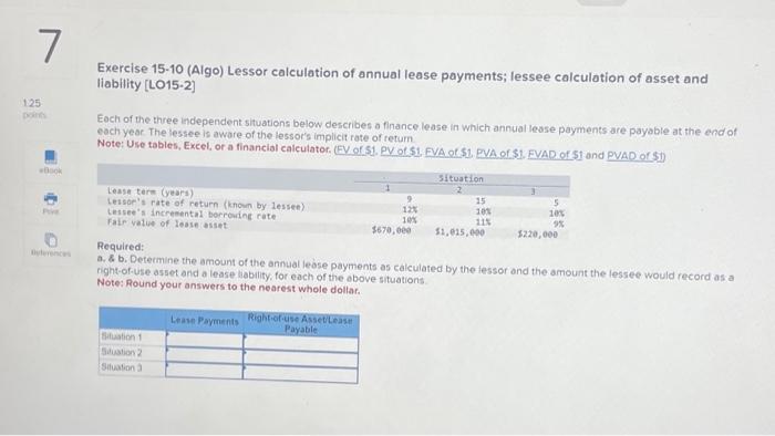 Solved Exercise 15-10 (Algo) Lessor calculation of annual | Chegg.com