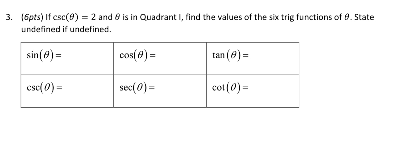 Solved (6pts) ﻿If csc(θ)=2 ﻿and θ ﻿is in Quadrant I, find | Chegg.com