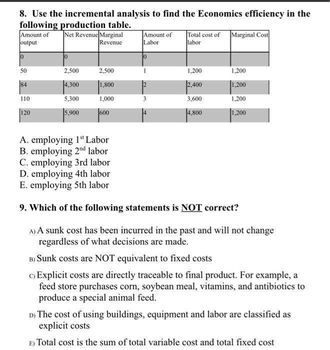 Solved 8. Use the incremental analysis to find the Economics | Chegg.com