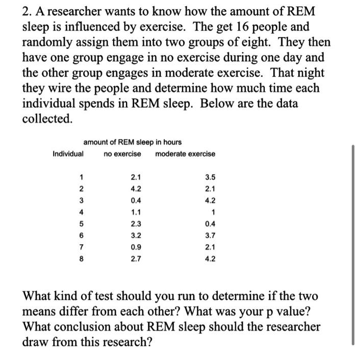Solved 2. A researcher wants to know how the amount of REM | Chegg.com