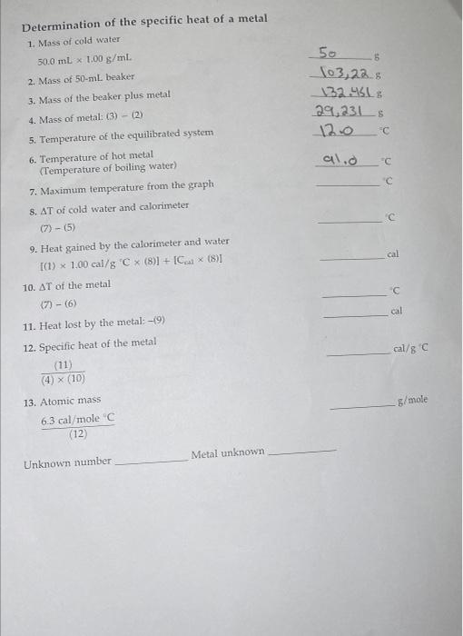 Solved Determination of the specific heat of a metal 1. Mass | Chegg.com