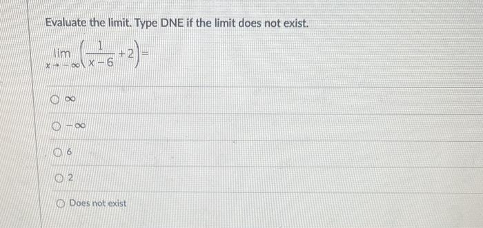 Solved Evaluate the limit. Type DNE if the limit does not | Chegg.com