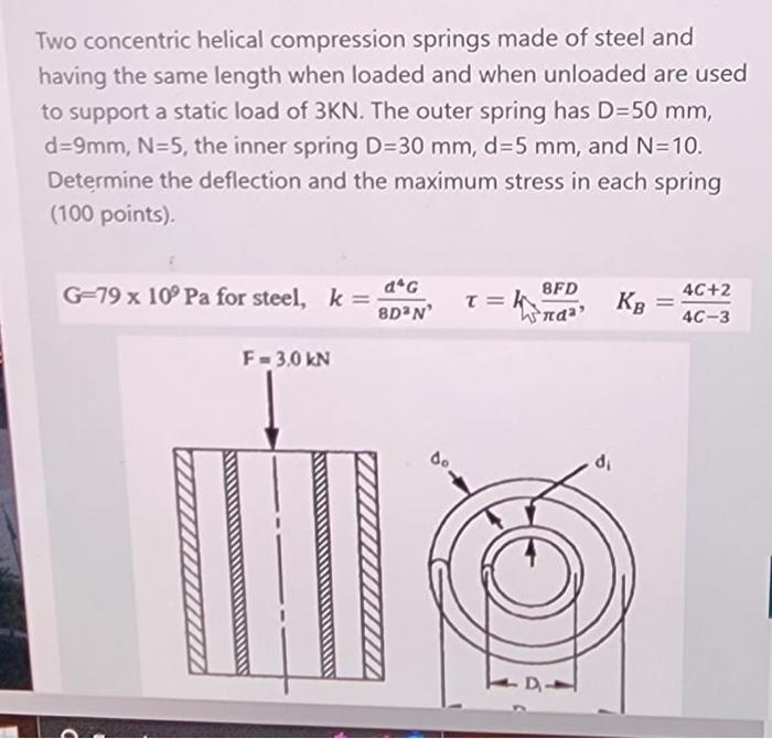 Two concentric helical compression springs made of | Chegg.com