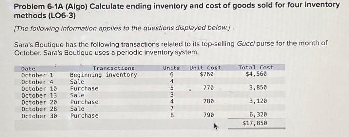 Solved Problem 6-1A (Algo) Calculate ending inventory and | Chegg.com