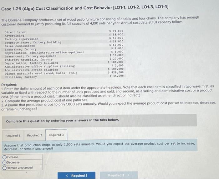 Solved Case 1-26 (Algo) Cost Classification and Cost | Chegg.com