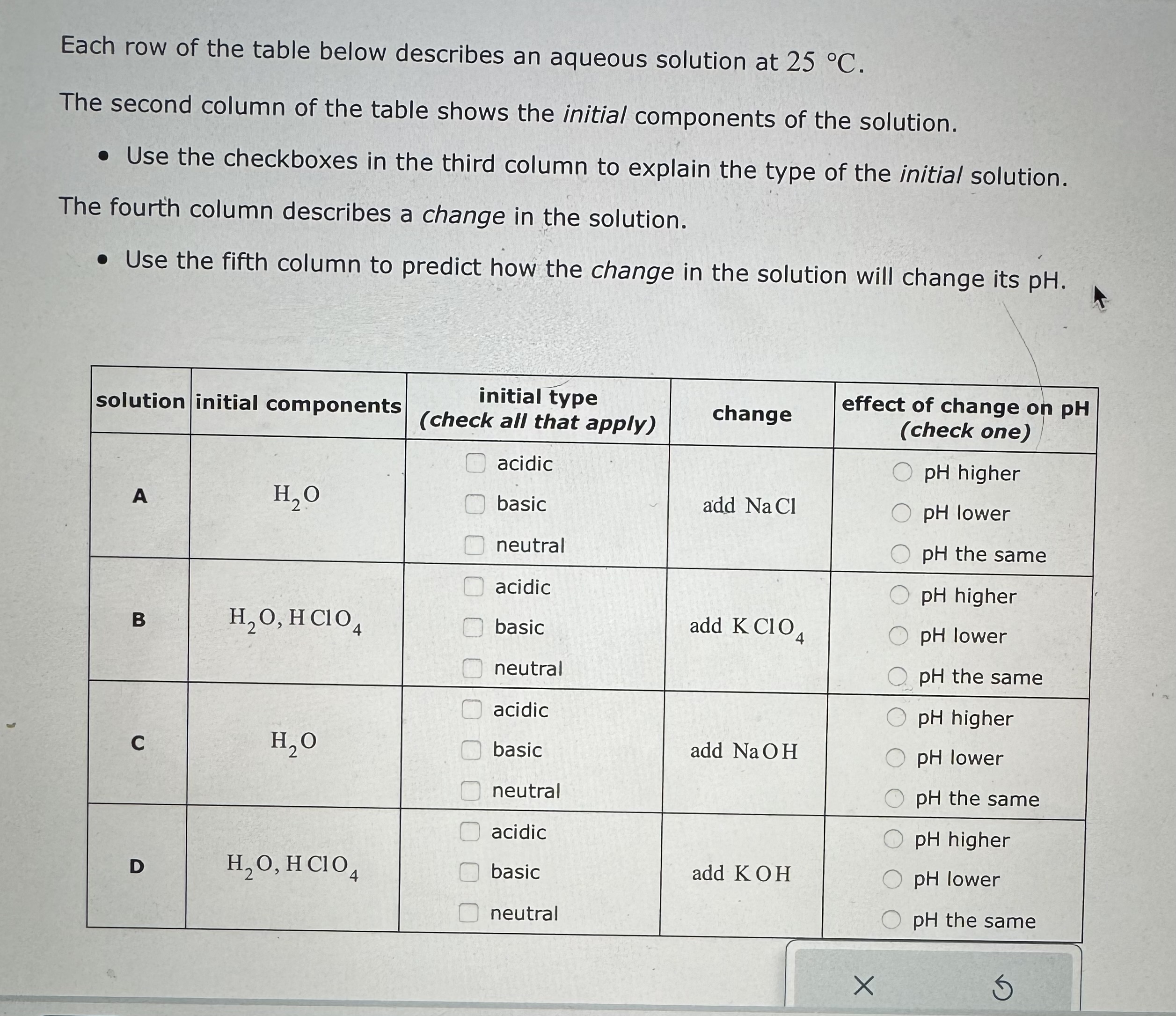Solved Each row of the table below describes an aqueous | Chegg.com