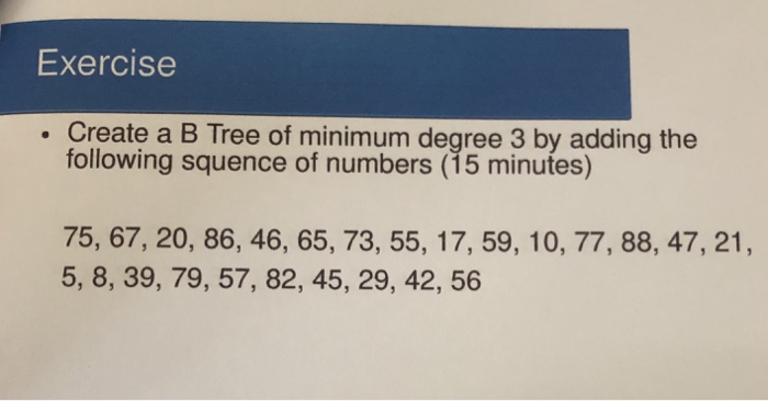 Solved Exercise Create a B Tree of minimum degree 3 by | Chegg.com