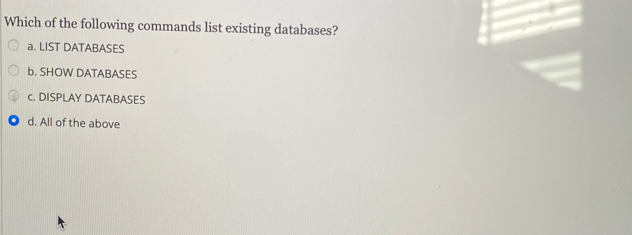 Solved Which of the following commands list existing | Chegg.com