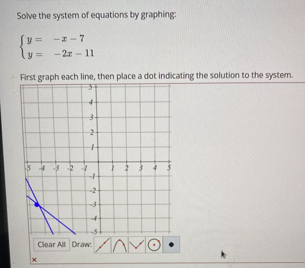 [Solved]: Solve the system of equations by graphing: y=-x-7