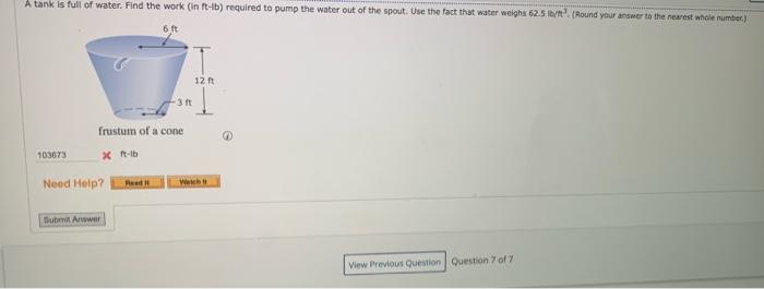 Solved A tank is full of water. Find the work in ft-lb) | Chegg.com