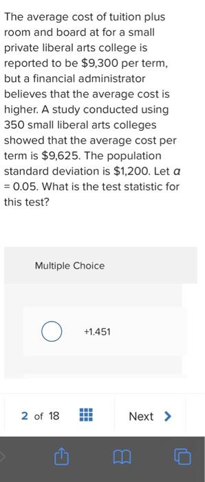 Solved The average cost of tuition plus room and board at | Chegg.com