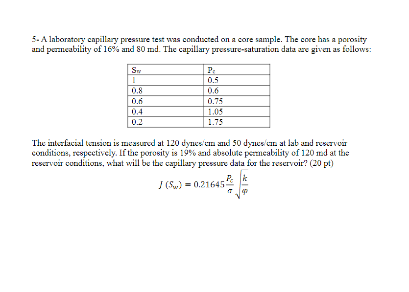 Solved 5- ﻿A laboratory capillary pressure test was | Chegg.com