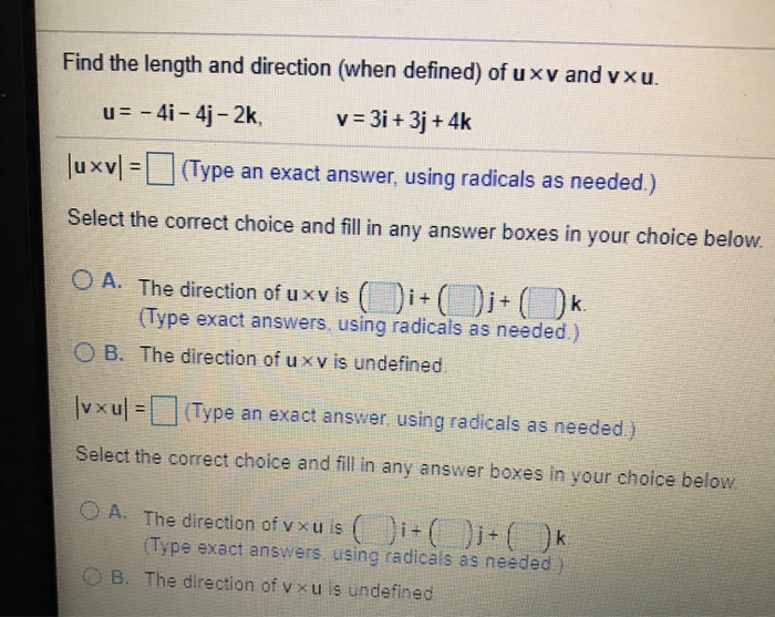 Solved Find the length and direction (when defined) of uxv | Chegg.com
