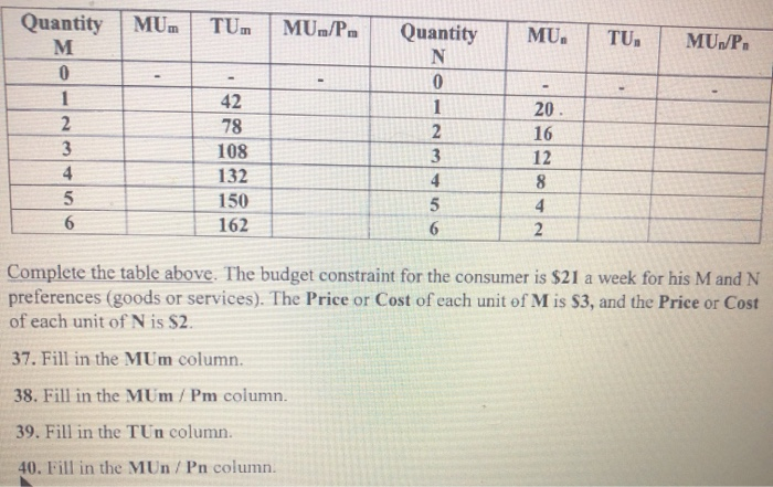 Solved MUM TU. MU./P. MU. TU, MU/P. Quantity N 0 1 Quantity | Chegg.com