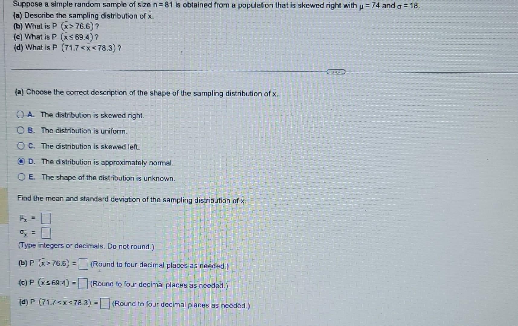 Solved Suppose a simple random sample of size n=81 is | Chegg.com