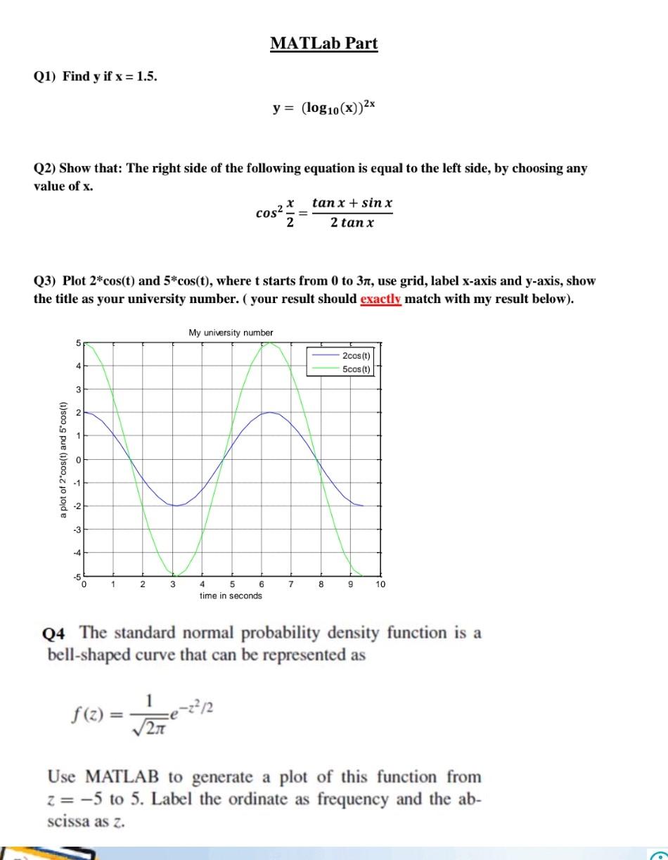 Solved MATLab Part Q1) Find y if x = 1.5. y = (log10(x))2x | Chegg.com