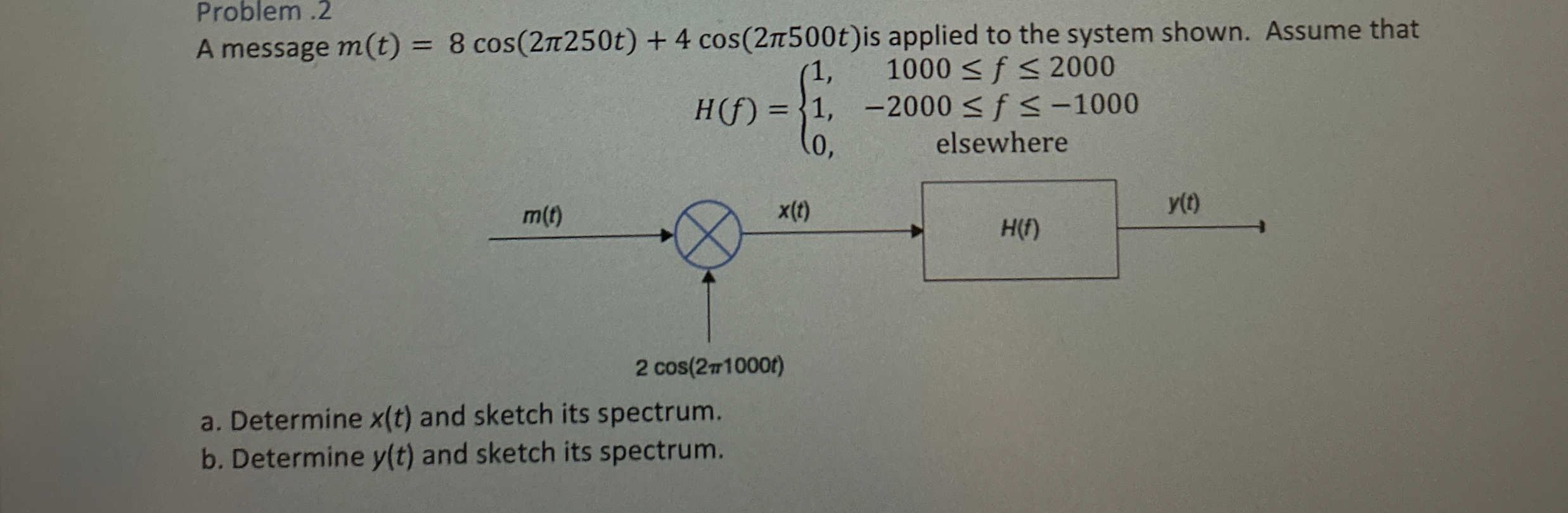Solved Problem . 2A message m(t)=8cos(2π250t)+4cos(2π500t) | Chegg.com