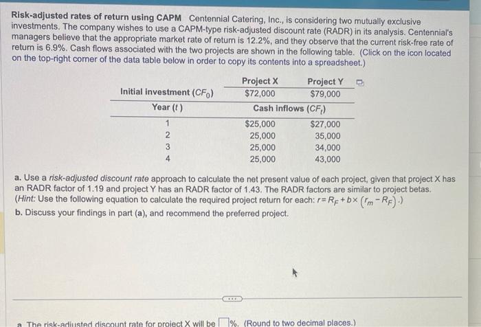 Solved Risk-adjusted rates of return using CAPM Centennial | Chegg.com