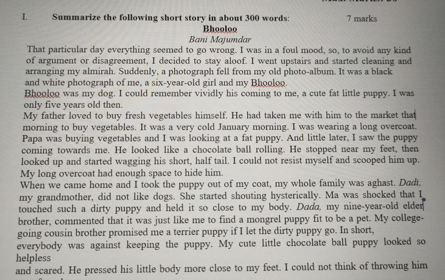 Solved a I. Summarize the following short story in about 300 | Chegg.com