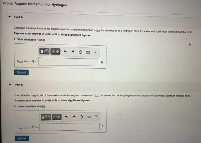 Solved Orbital Angular Momentum for Hydrogen - Part A | Chegg.com