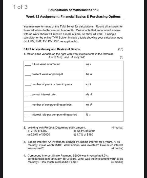 Solved 1 of 3 Foundations of Mathematics 110 Week 12 | Chegg.com