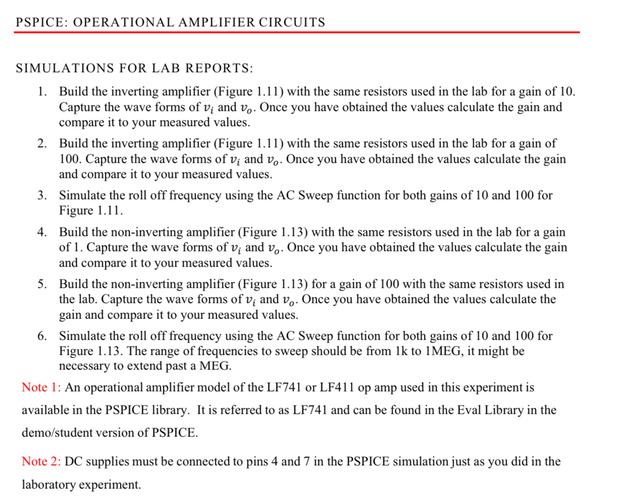 Solved PSPICE: OPERATIONAL AMPLIFIER CIRCUITSSIMULATIONS FOR | Chegg.com