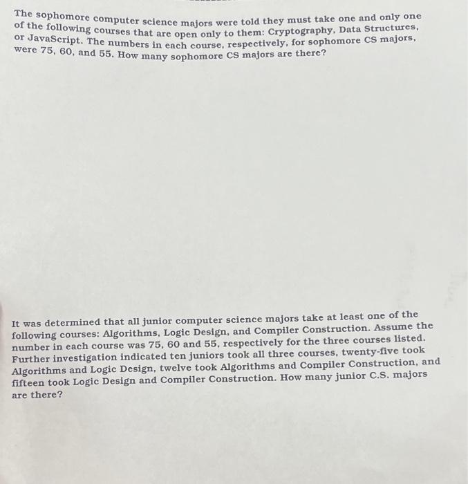 Solved The sophomore computer science majors were told they | Chegg.com