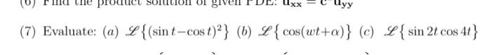 Solved (7) Evaluate: (a) L{(sint−cost)2} (b) L{cos(wt+α)} | Chegg.com