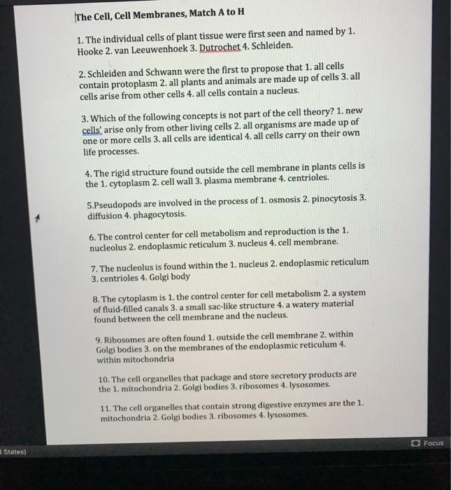 Solved The Cell, Cell Membranes, Match A to H 1. The | Chegg.com